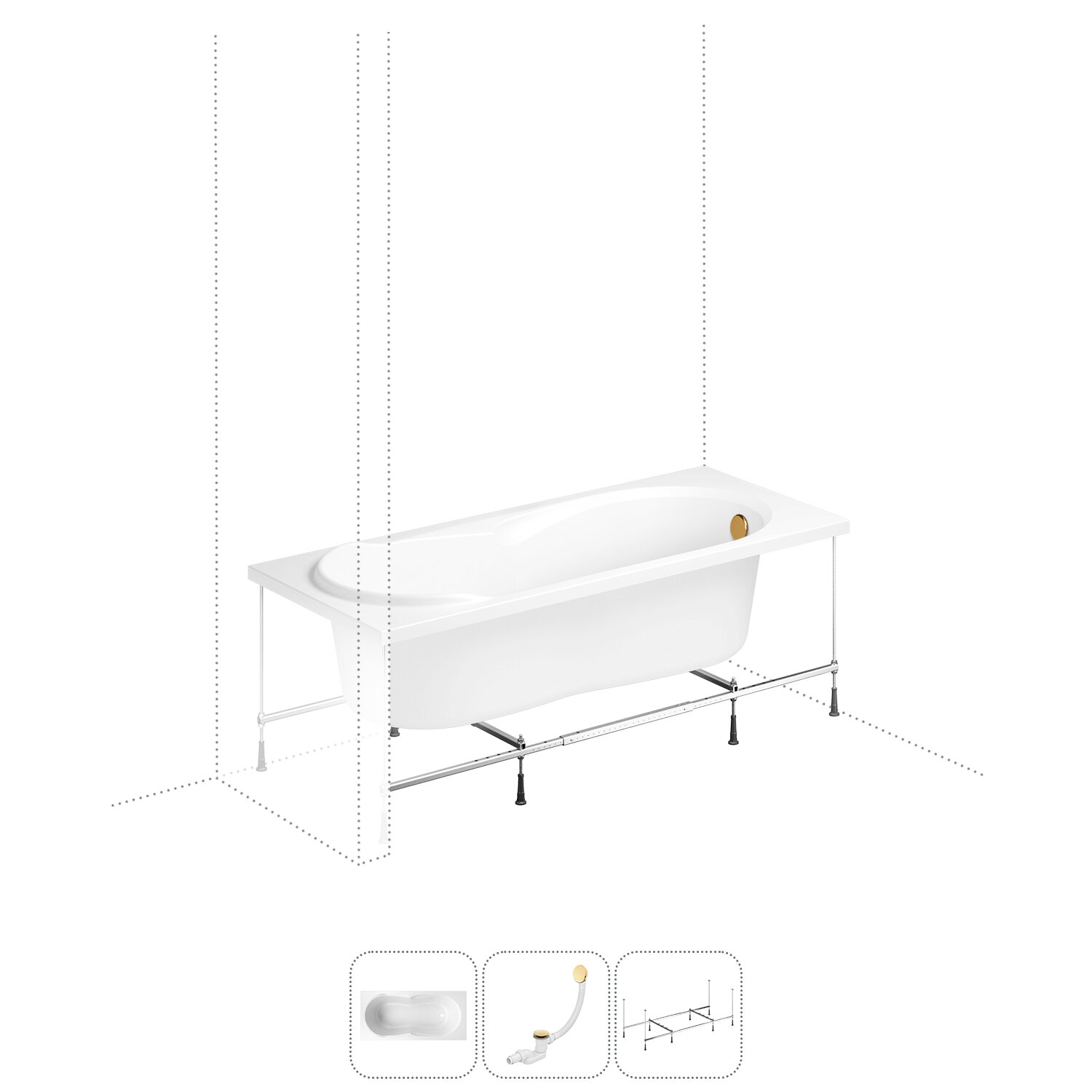 Акриловая ванна 170x75 с каркасом Lavinia Boho Easter Pro 202011060 в наборе 3 в 1: прямоугольная ванна 170 x 75 см, слив-перелив, каркас