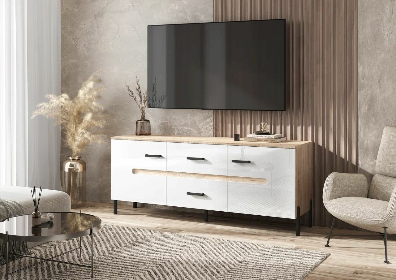 Тумба ТВ Ким (1600х653х420) Белый глянец холодный/Cонома