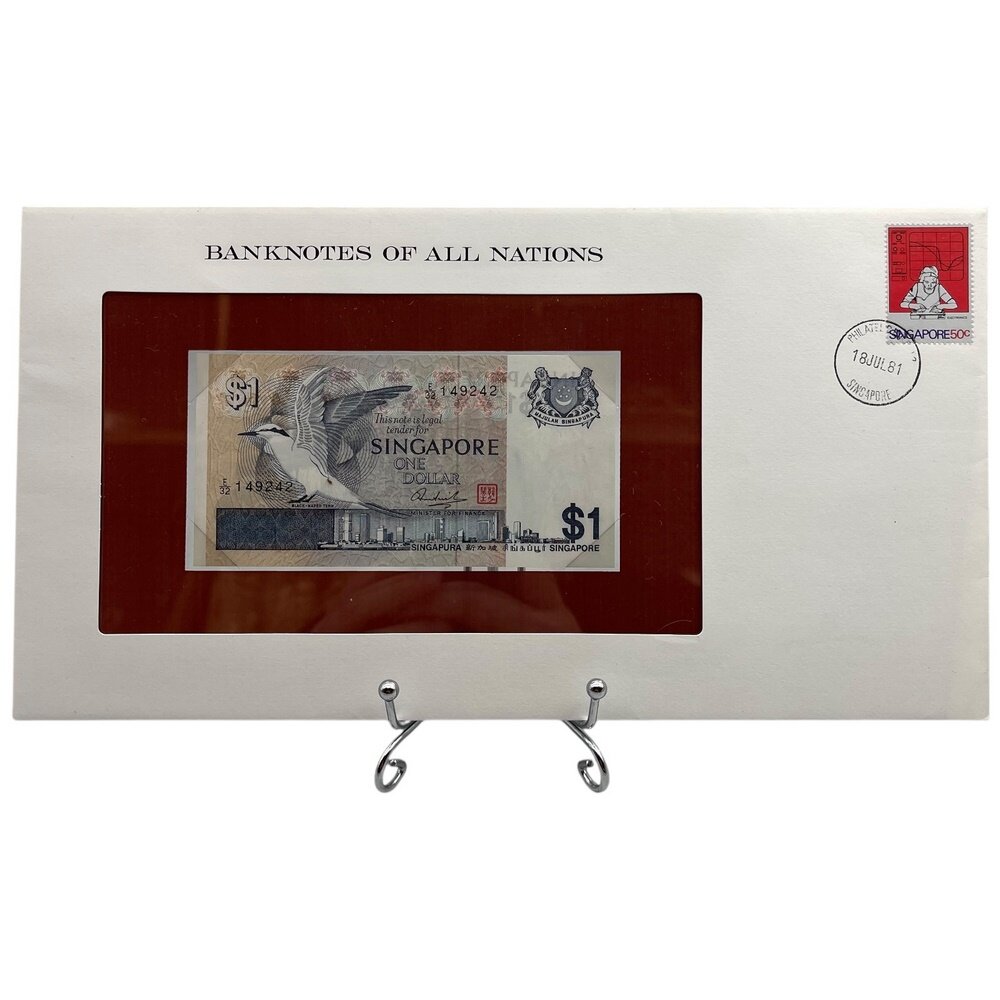 Сингапур, подарочный набор почтовая марка и банкнота 1 доллар 1976 г. (Banknotes of all Nations)