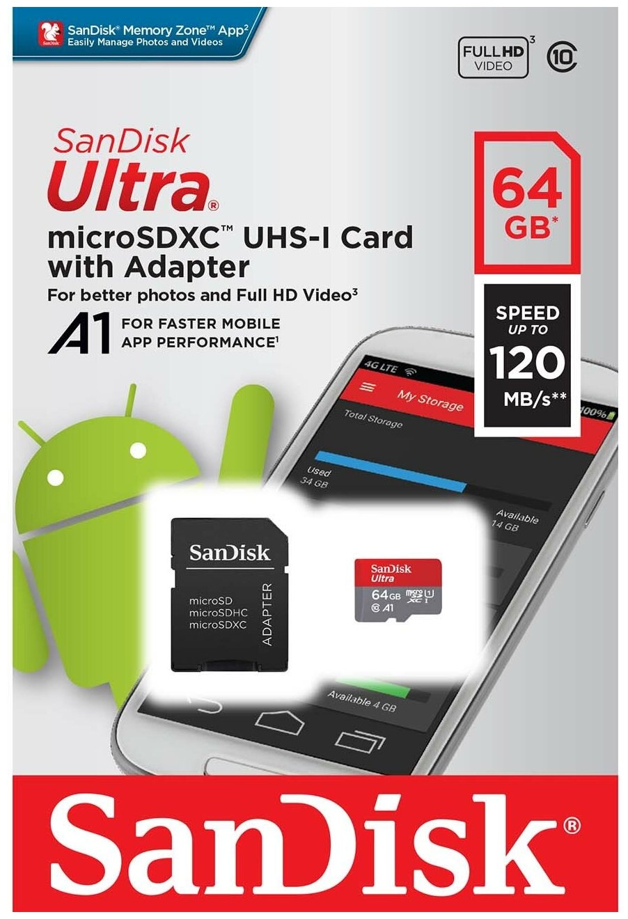 Карта памяти MicroSD SanDisk Ultra 64GB UHS-I + адаптер (SDSQUA4-064G-GN6MA)