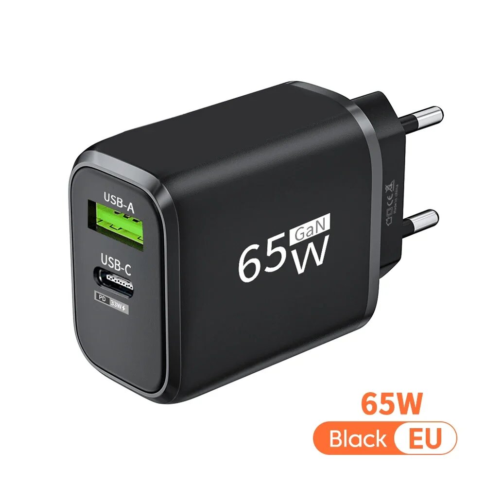 Зарядное Устройство GaN 65W USB-C Для Быстрой Зарядки С Поддержкой QC3.0 И PD, Совместимое EU Black