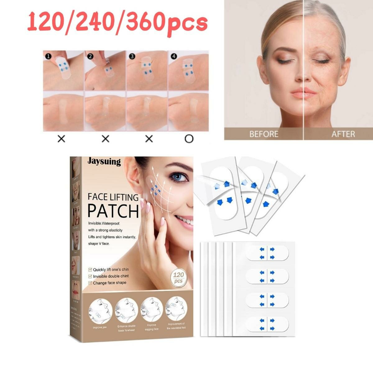 120-360 штук тонких наклеек для лица, подтяжка лица против морщин, V-образные укрепляющие наклейки, укрепляющие наклейки для лба
