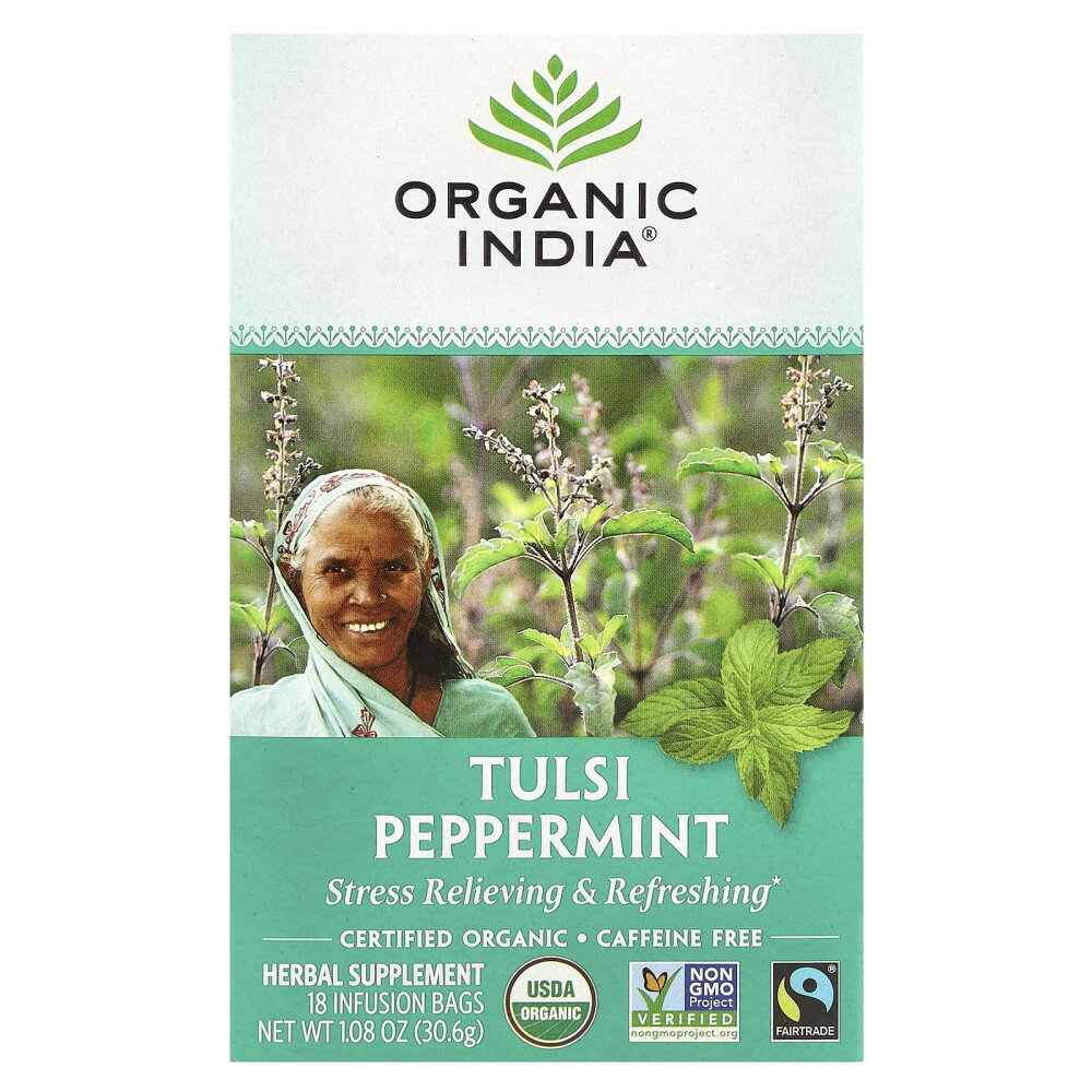 Organic India, чай тулси с перечной мятой, без кофеина, 18 пакетиков для заваривания, 30,6 г (1,08 унции)