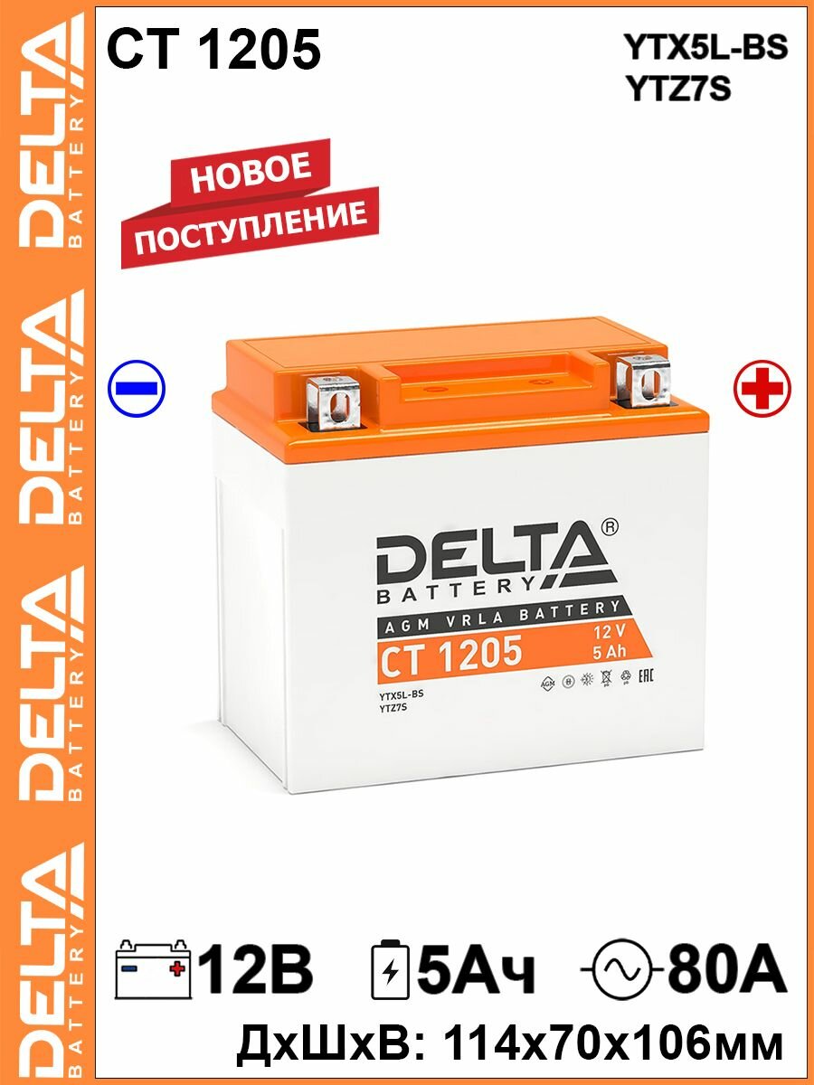 Мото аккумулятор стартерный Delta CT 1205 12В 5Ач обратная полярность 80А (12V 5Ah) (YTX5L-BS; YT5L-BS; YTZ7S) AGM аккумулятор для мотоцикла, мопеда, скутера, питбайка, квадроцикла, снегохода