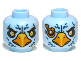 Minifigure, Head Dual Sided Alien Chima Eagle with Beak, Yellow Eyes and Dark Blue Feathers, Angry Eyes / Gold Spectacle Pattern, 3626pb0900 Bright Light Blue U