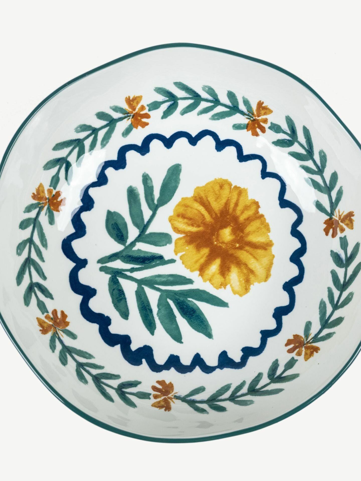 Салатник большой с неровными краями "Луга", синий, зеленый, 26 см, Дымов Керамика