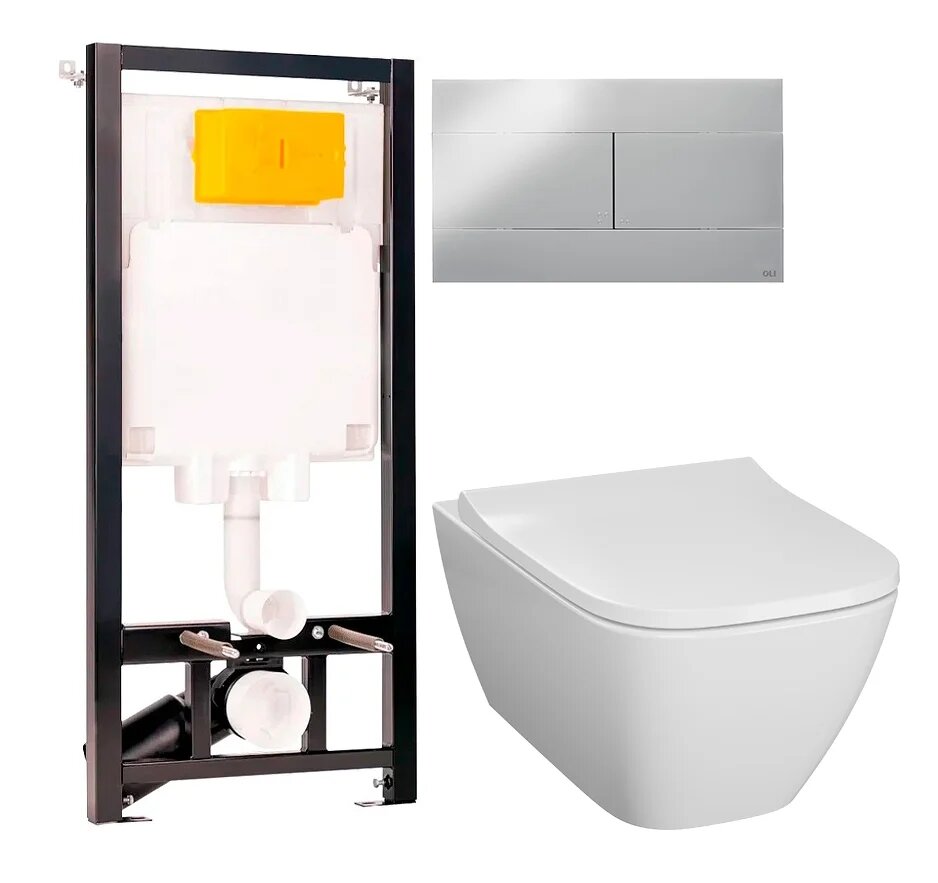 Комплект 2 в 1 Унитаз подвесной Geberit Smyle Square 500.683.01.1 / Инсталляция с кнопкой OLI 80 ECO Sanitarblock mechanic цвет черный