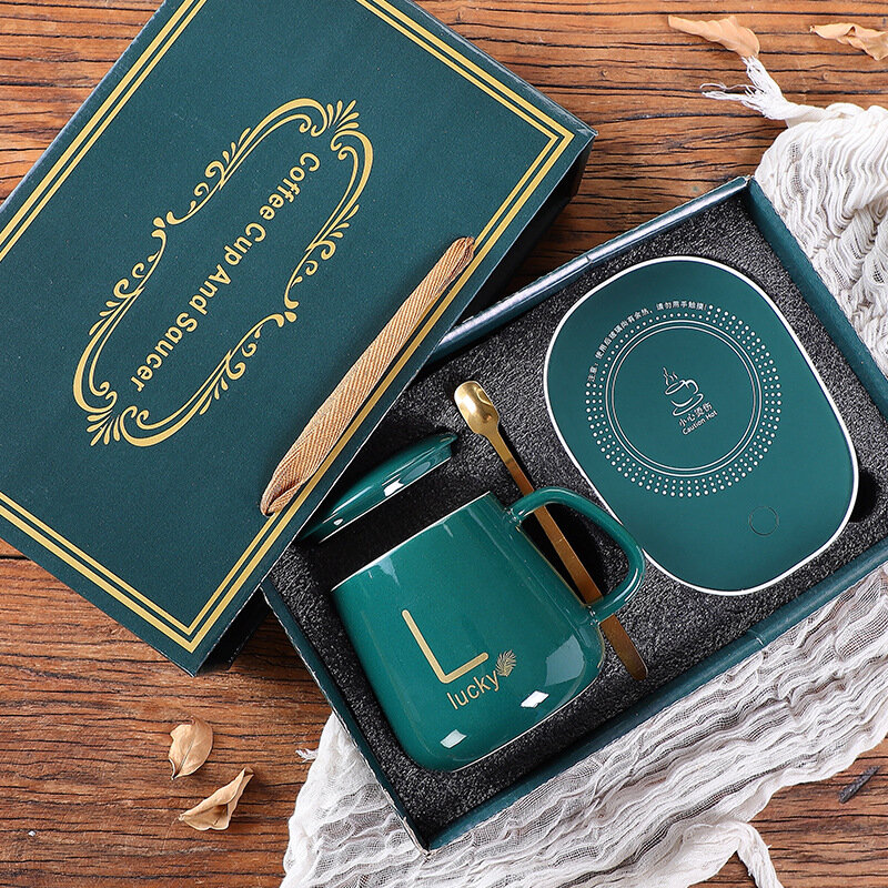 Кружка с подогревом "Подарочный набор", керамическая, зеленый , с крышкой, ложкой, USB-подогрев, 1 шт.