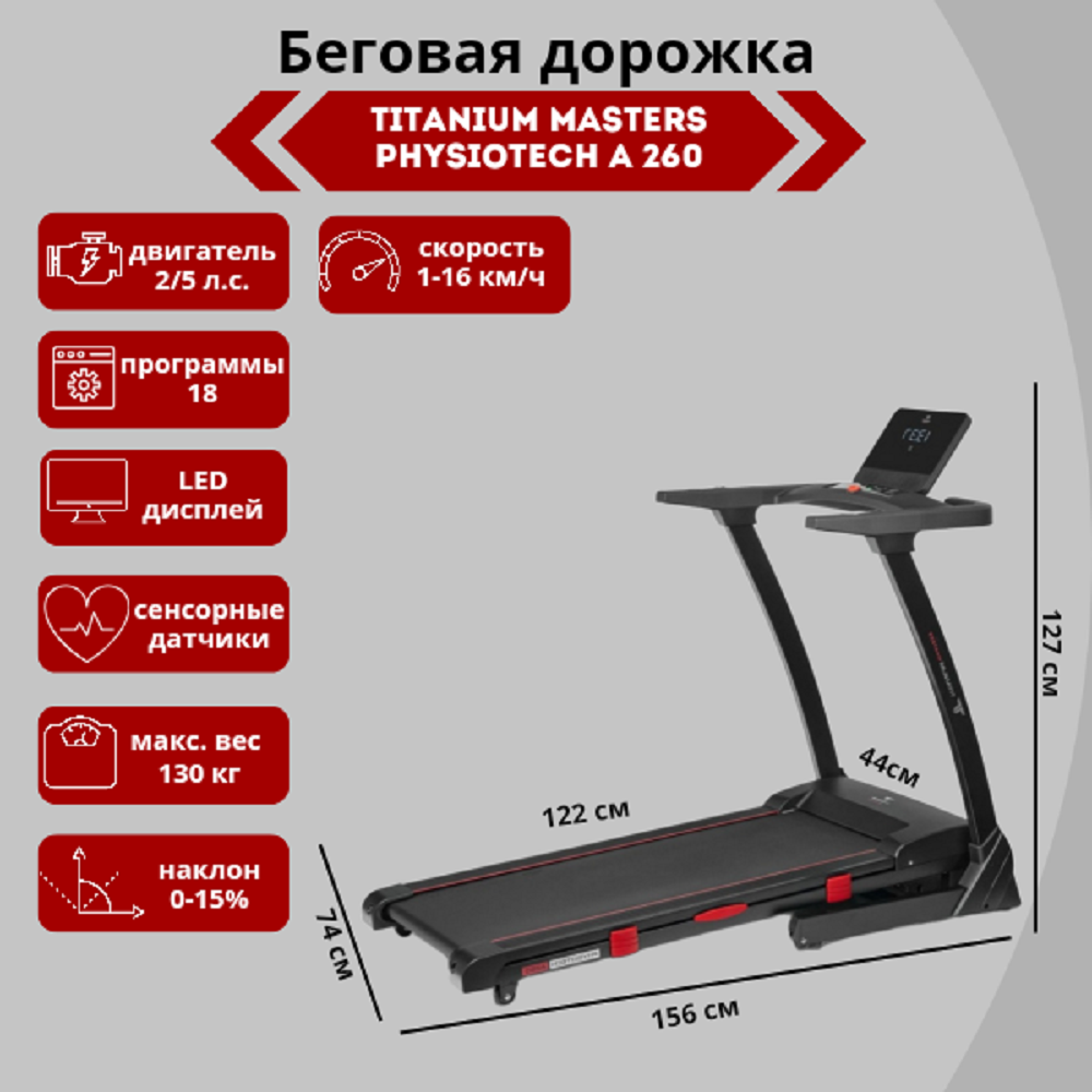 Беговая дорожка Titanium Physiotech A260, электрическая, 18 программ, амортизация VCS/VAT, складная