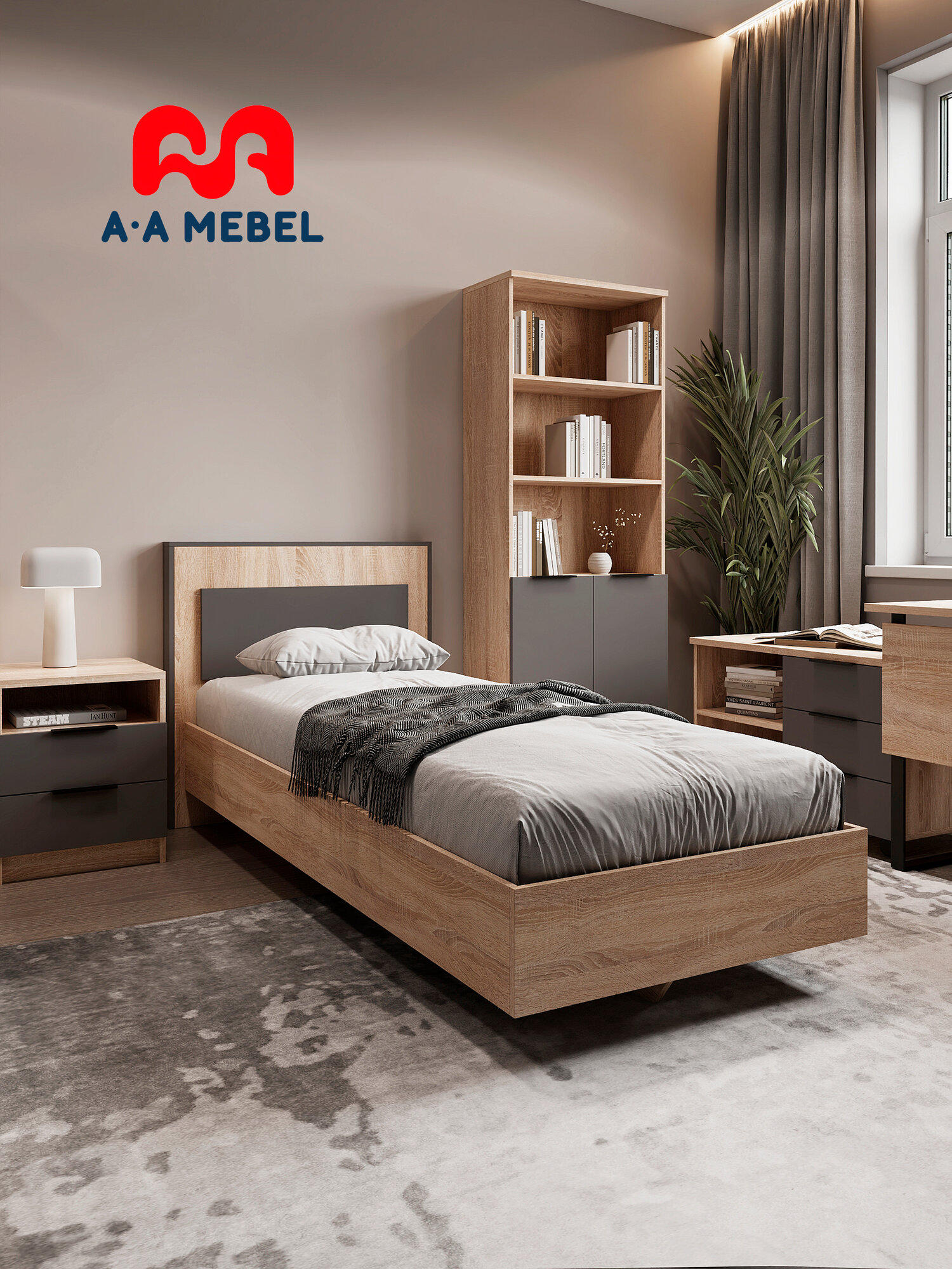 Кровать A-A MEBEL Оксфорд односпальная с основанием дуб сонома