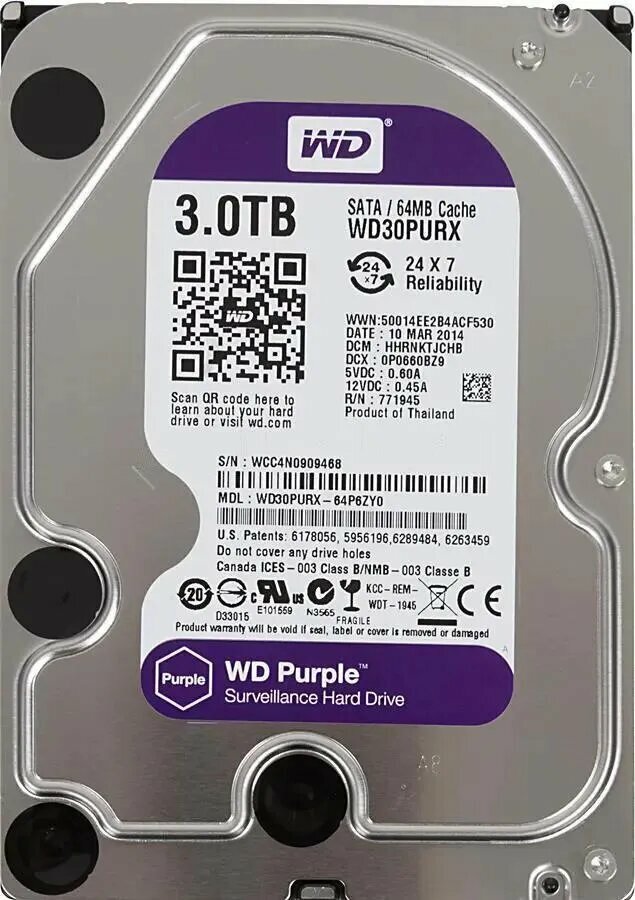 Жесткий диск WD Purple WD30PURX, 3ТБ, HDD, SATA III, 3.5", для видеонаблюдения