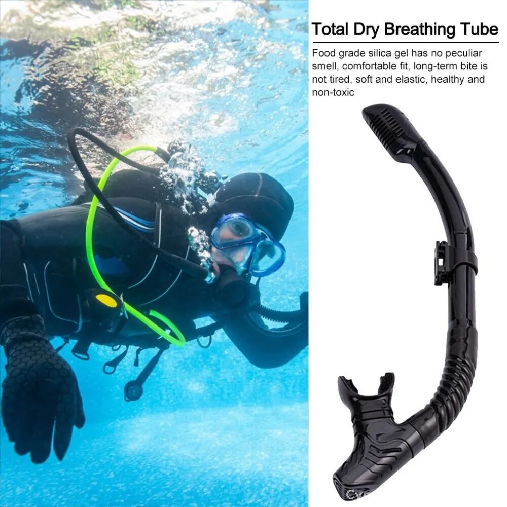 Трубка для плавания Total Dry Breathing Tube, черная, пищевой силикон, для сноркелинга — фото 1