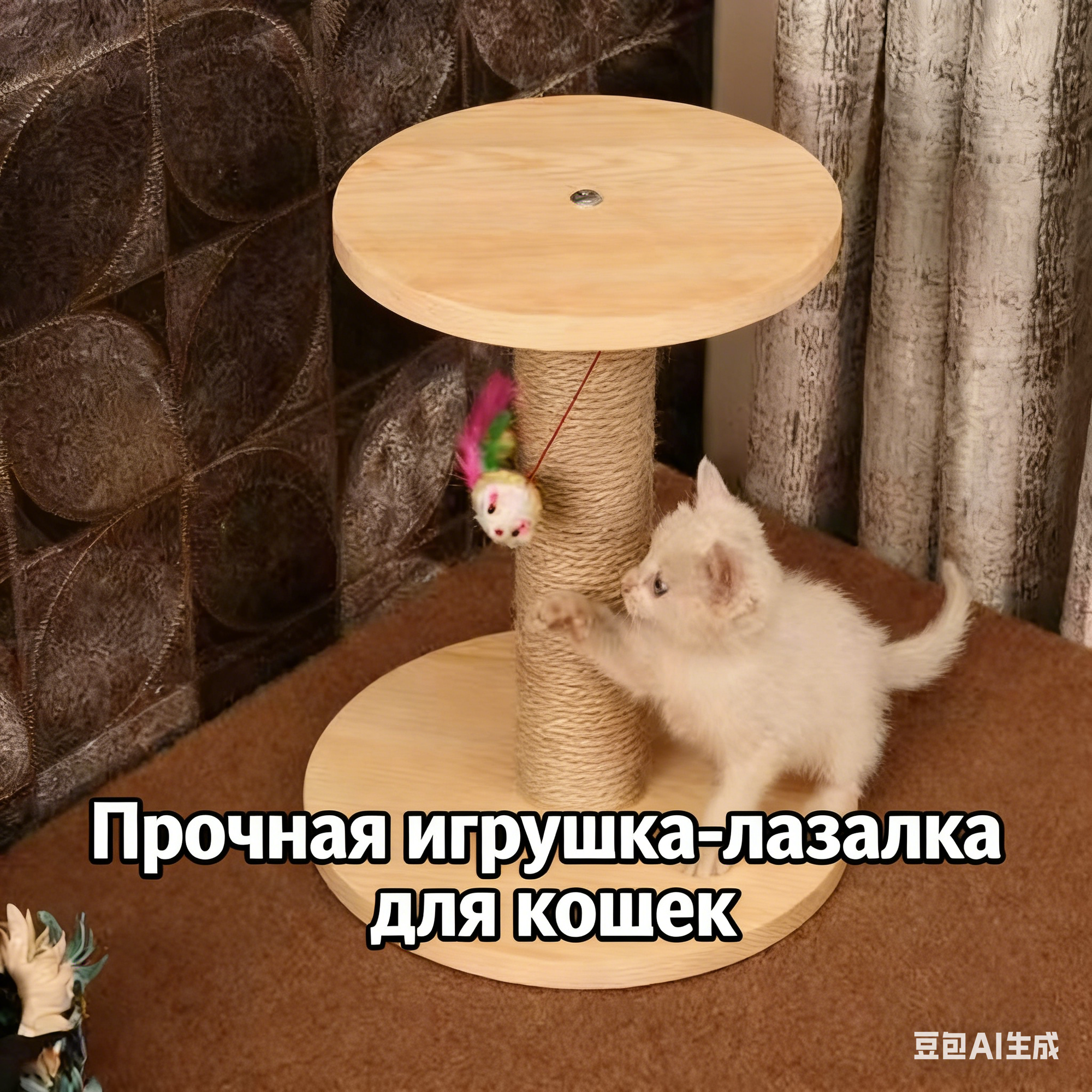 Прочная игрушка-лазалка для кошек, материал - сизаль, высотой 33 см, износостойкая и практичная