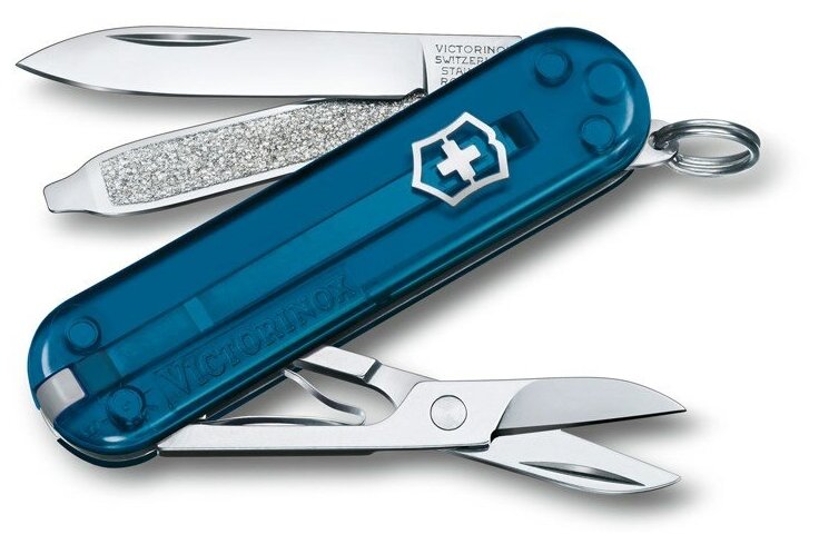 Нож-брелок VICTORINOX Classic SD Colors "Sky High", 58 мм, 7 функций, полупрозрачный синий