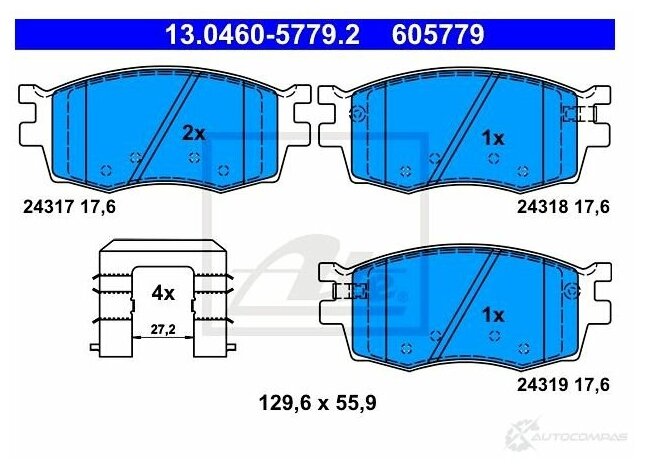 Колодки ПЕР HYU ACCENT III/седан/I20/KIA RIO II1.2-1.6/1.4-1.6CRDI 05- Ate арт. 13.0460-5779.2