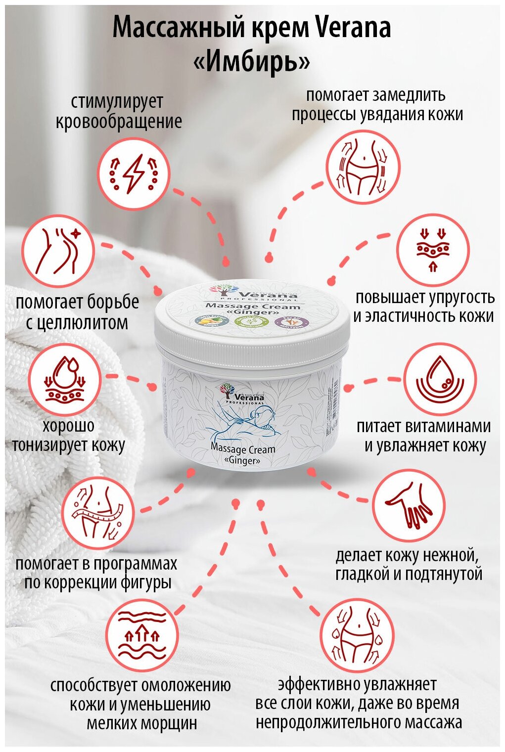 Verana Массажный крем Имбирь, натуральный, стимулирует кровообращение, способствует сжиганию жира, повышает эластичность кожи, 200г