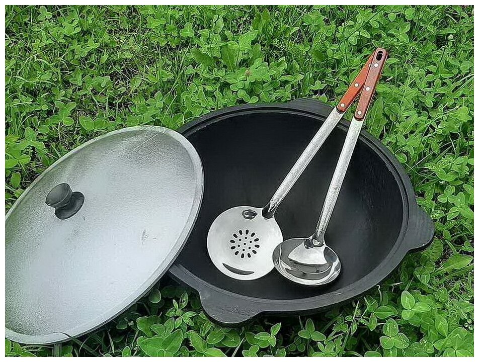 Чугунный наманганский казан 8л круглое с крышкой. Толстостенный 8мм узбекский казан с клеймом + шумовка и половник