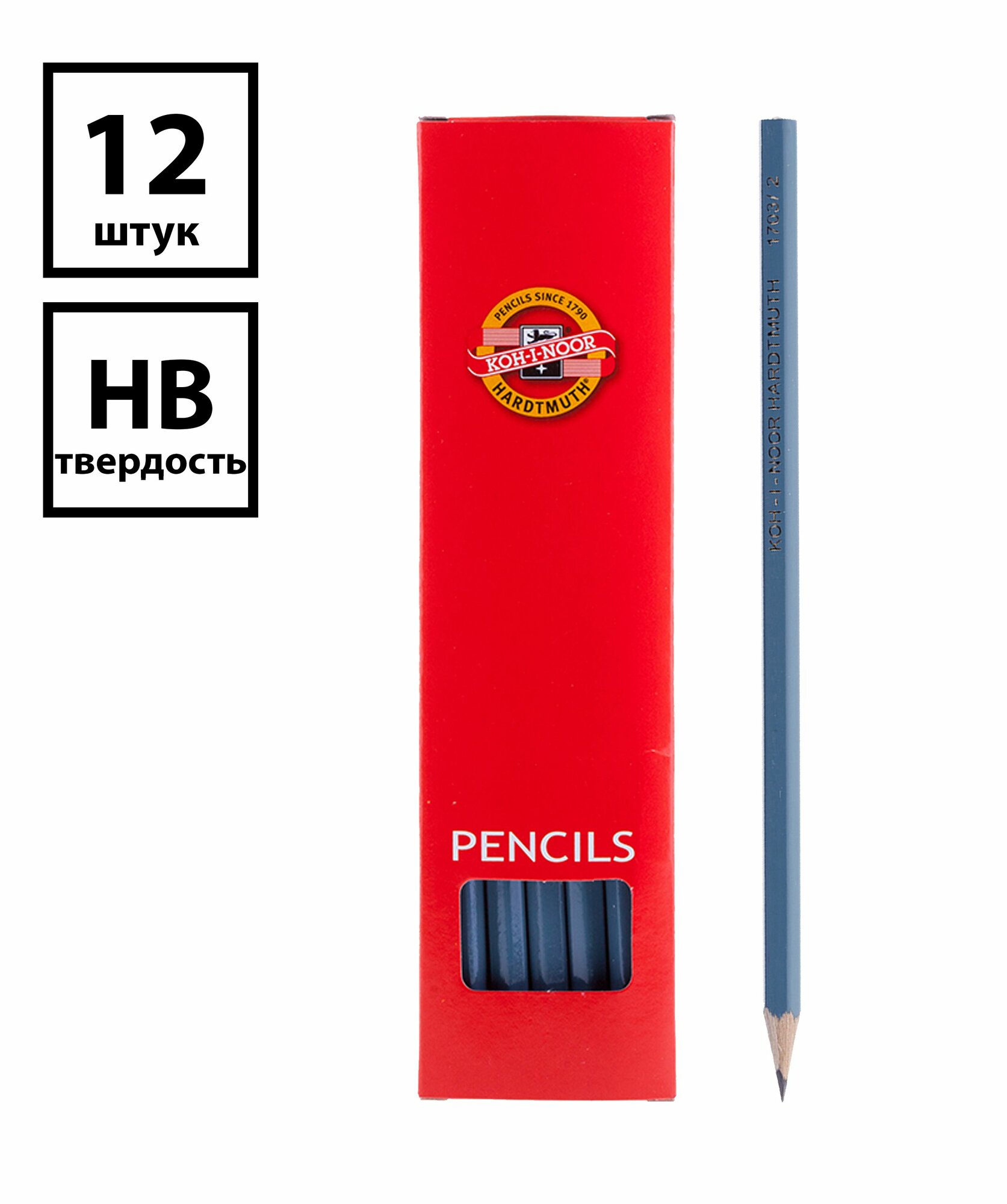 Набор 12 шт. - Карандаш чернографитный Koh-I-Noor "Alpha" HB, серый корпус, заточенный