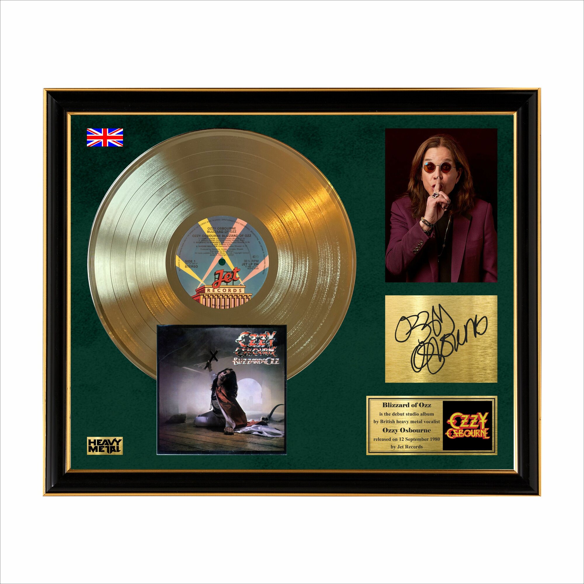 Золотая виниловая пластинка Ozzy Osbourne blizzard of ozz с автографом в рамке