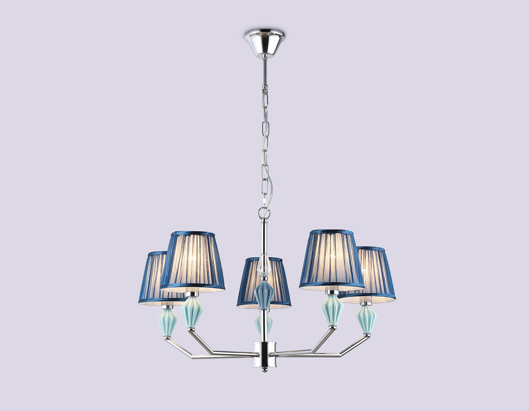 Подвесная люстра с абажуром и декором из керамики, E14/5 max 40W D690*810, хром/темно синий