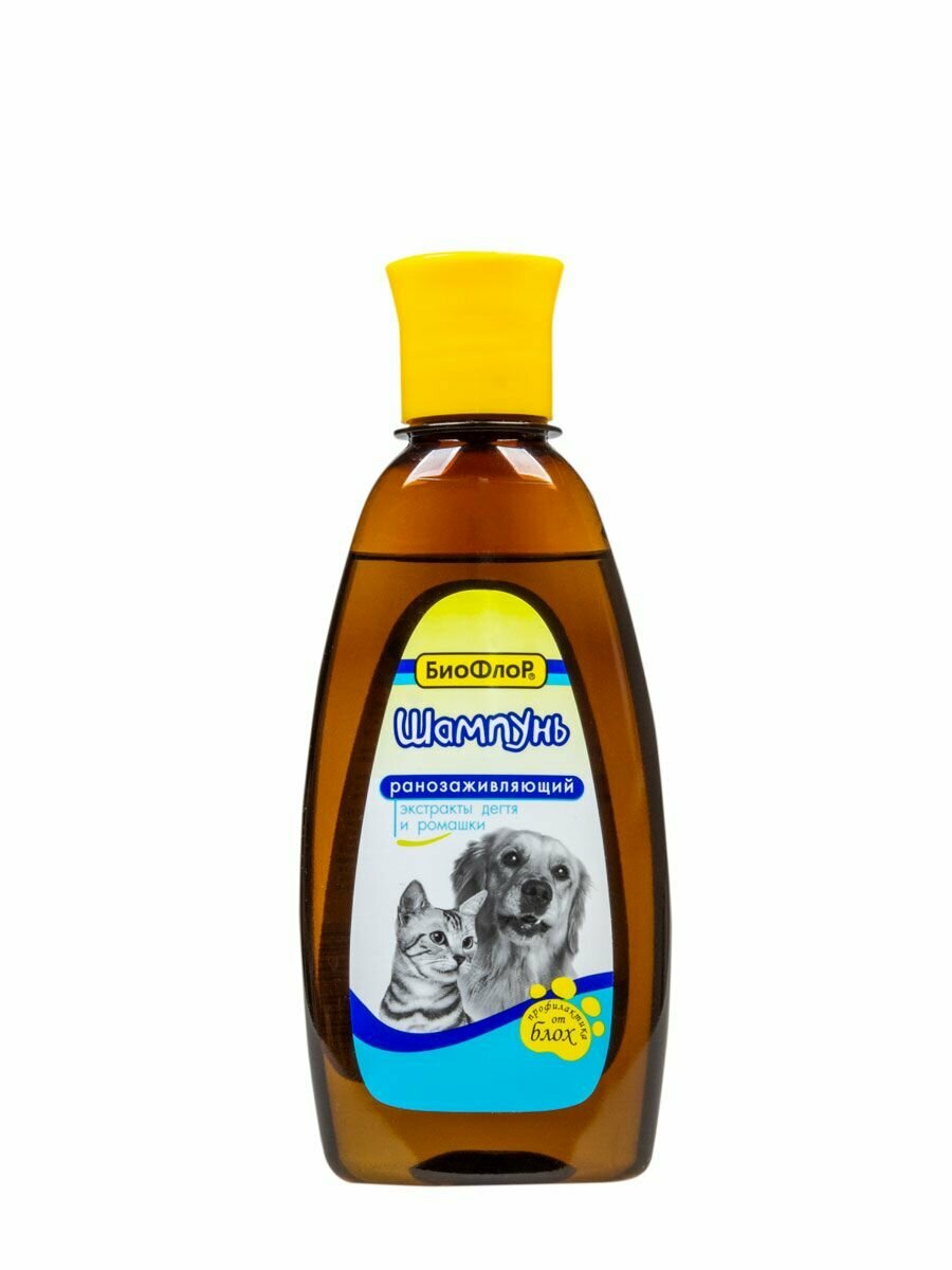 БиоФлоР Шампунь для собак и кошек "Ранозаживляющий", профилактика от блох и вшей, с экстрактами дегтя и ромашки, 245 мл
