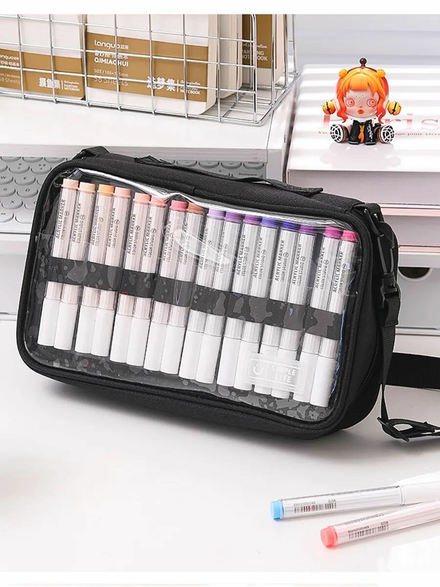 Languo Маркер Акриловый сумка для хранения, Вмещает до 64 ручек, черный