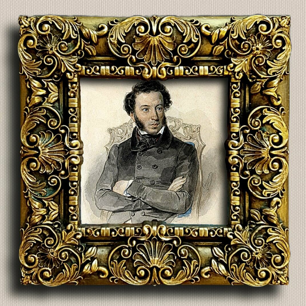 Картина портрет "А. С. Пушкин" худ. П. Соколов. В гипсовой рамке ручной работы. Репродукция. Принт