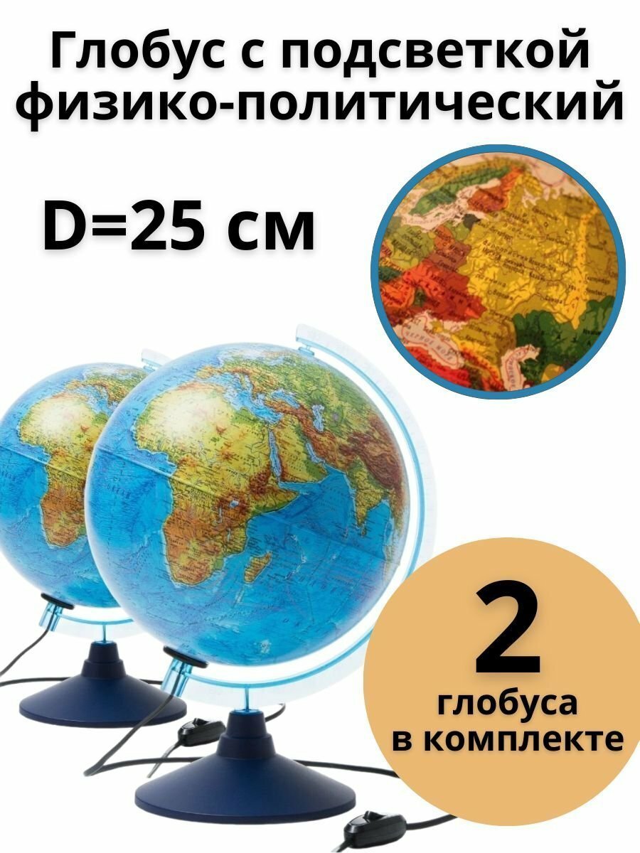 Глобус с подсветкой физико-политический d=25 см, Globusoff, 2 штуки