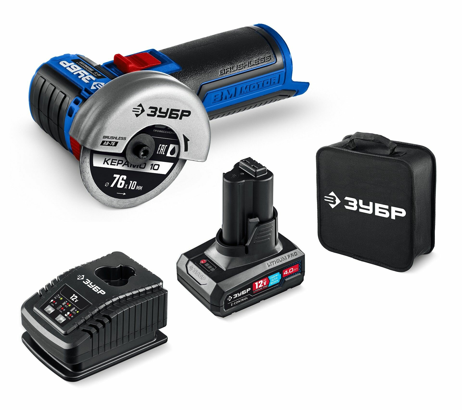 Бесщеточная УШМ 12 В D76 мм 1 АКБ тип Т7 4 Ач сумка Зубр AB-76-41