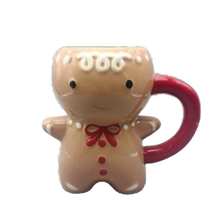 Милая керамическая кружка с изображением пряничного человечка и красной ручкой — объём 350 мл, забавная праздничная чашка для чая, кофе и горячих напитков
