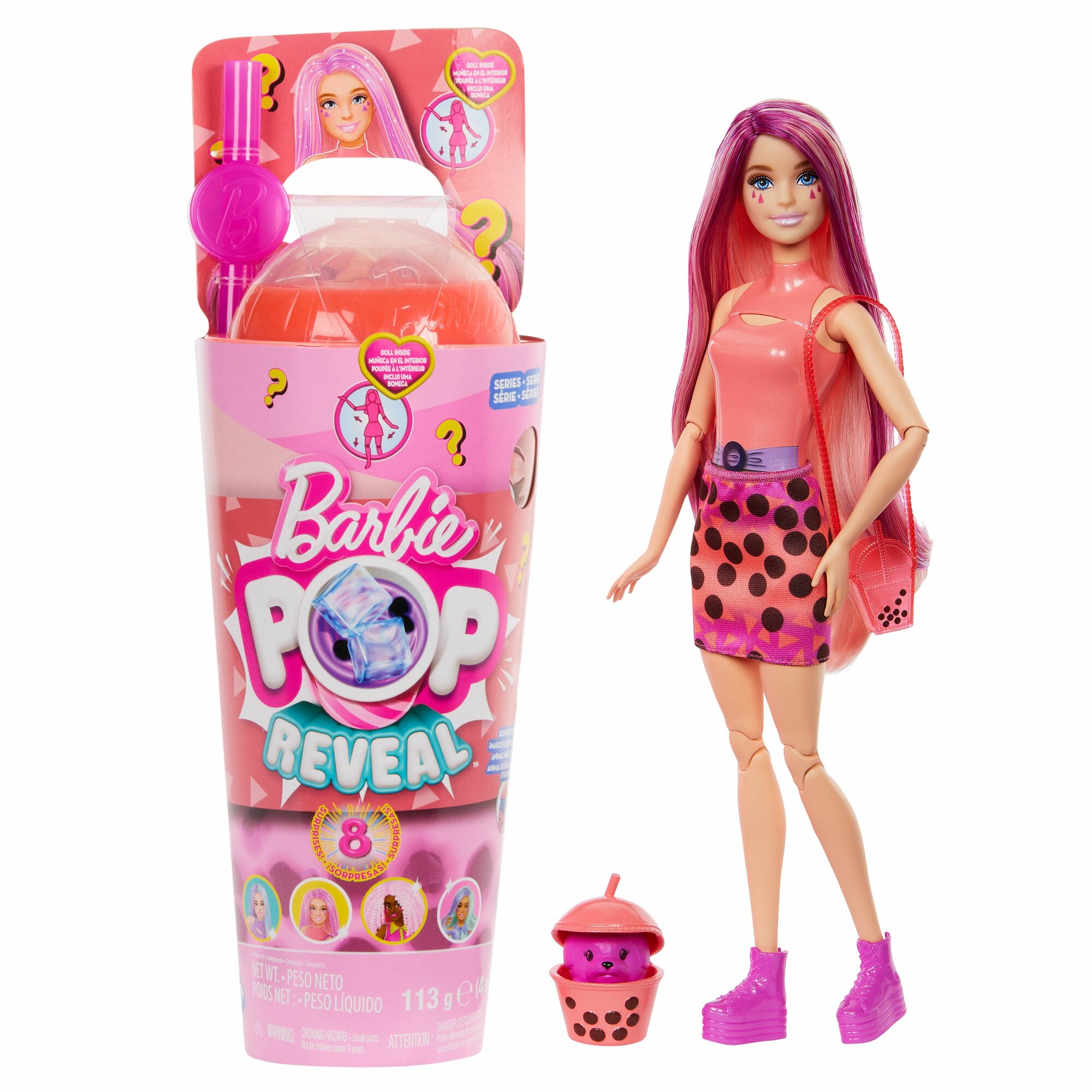 Кукла Barbie Pop Reveal Bubble Tea Fizz, 8 сюрпризов, в том числе питомец, слайм, аромат и изменение цвета