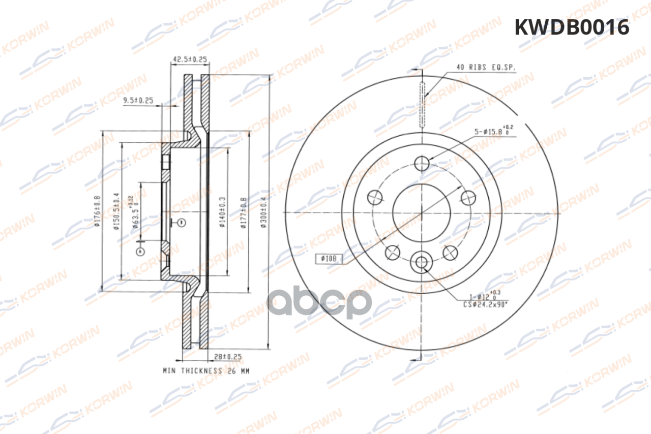 Тормозной диск KORWIN KWDB0016 Ford Galaxy, Ford S-Max, Volvo S80