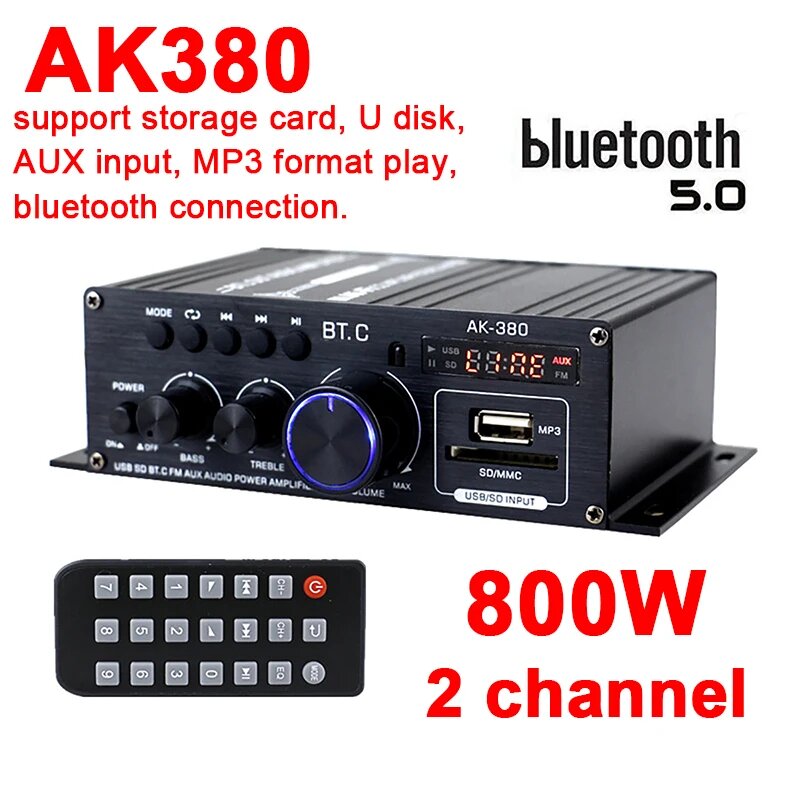 800 Вт домашние автомобильные усилители 2-канальный Bluetooth 5,0 стерео усилитель AK380 NO PLUG