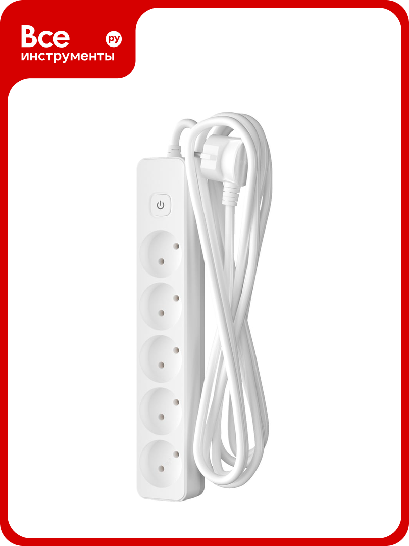 Сетевой удлинитель фотон 10-55S, 5м, 5 розеток, 10А, с выключателем, белый 21206, термоустойчивого, 2500 Вт