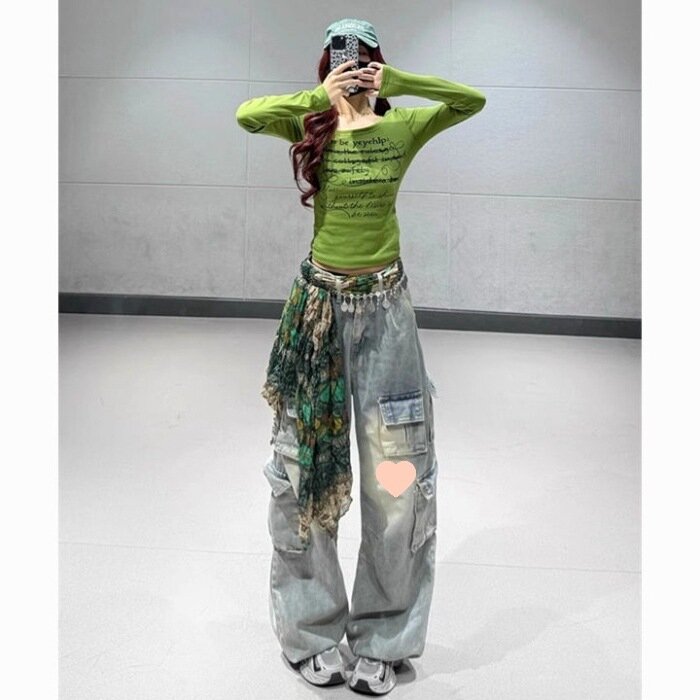 Комфортные JYL Джинсы для стрит-данса Девушки Стройные Модные Эластичные хлопковые, Размер_XL