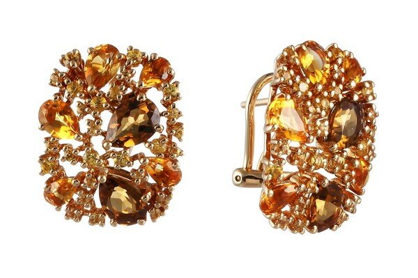 Серьги, желтое золото, 585 проба, сапфир, цитрин, раухтопаз