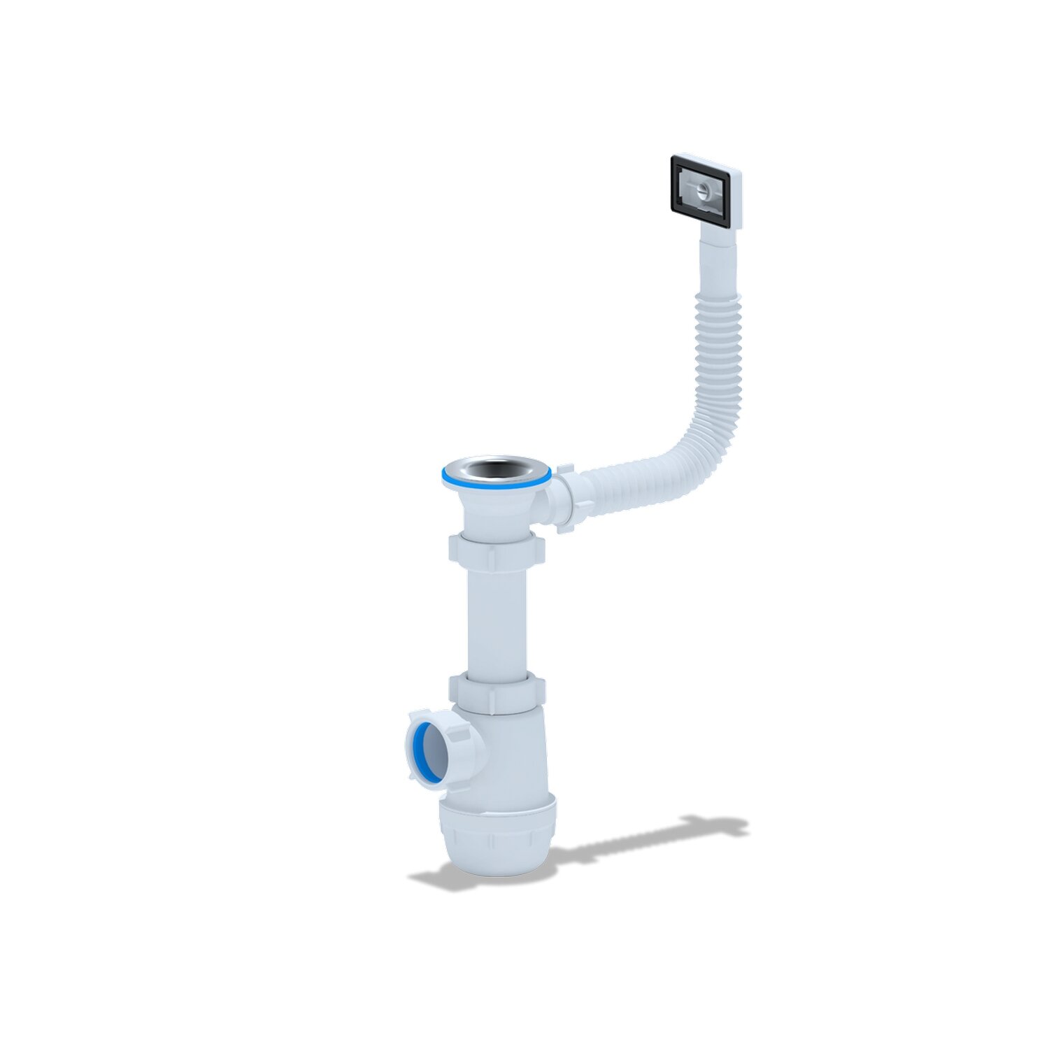 Сифон для кухонной мойки Ани Пласт A0140S, бутылочный, с гибким переливом, белый, нержавеющая решётка