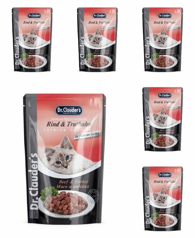 Dr.Clauder s Пауч для взрослых кошек, с мясом и индейкой кусочки в желе, 85 г, 6 шт