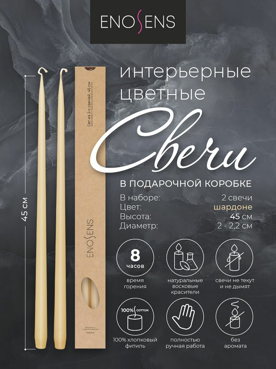 Свечи декоративные Enosens, набор свечей интерьерных 45х2,2 см, 2шт "Разговоры по душам", бежевые свечи, конусные высокие свечи, свечи ручной работы, интерьерные свечи для дома и праздников, подарочный набор свечей, свечи в подарочной коробке, без запаха