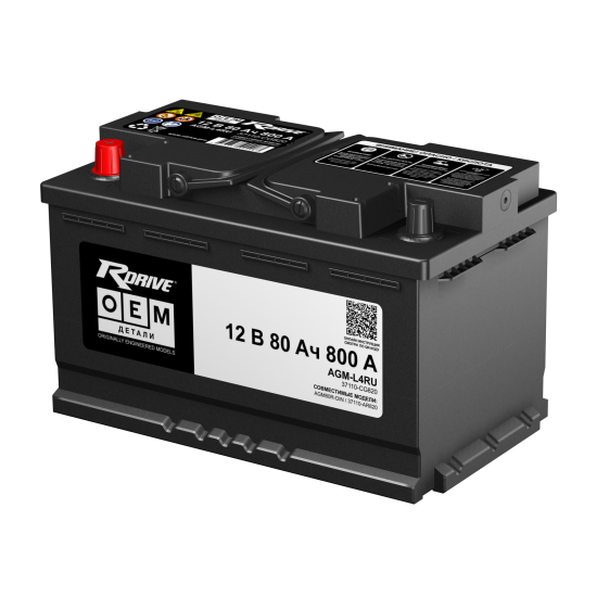 Аккумулятор RDRIVE AGM 37110-CG820 12В 80Ач 800А 315х175х190 мм, прямая полярность