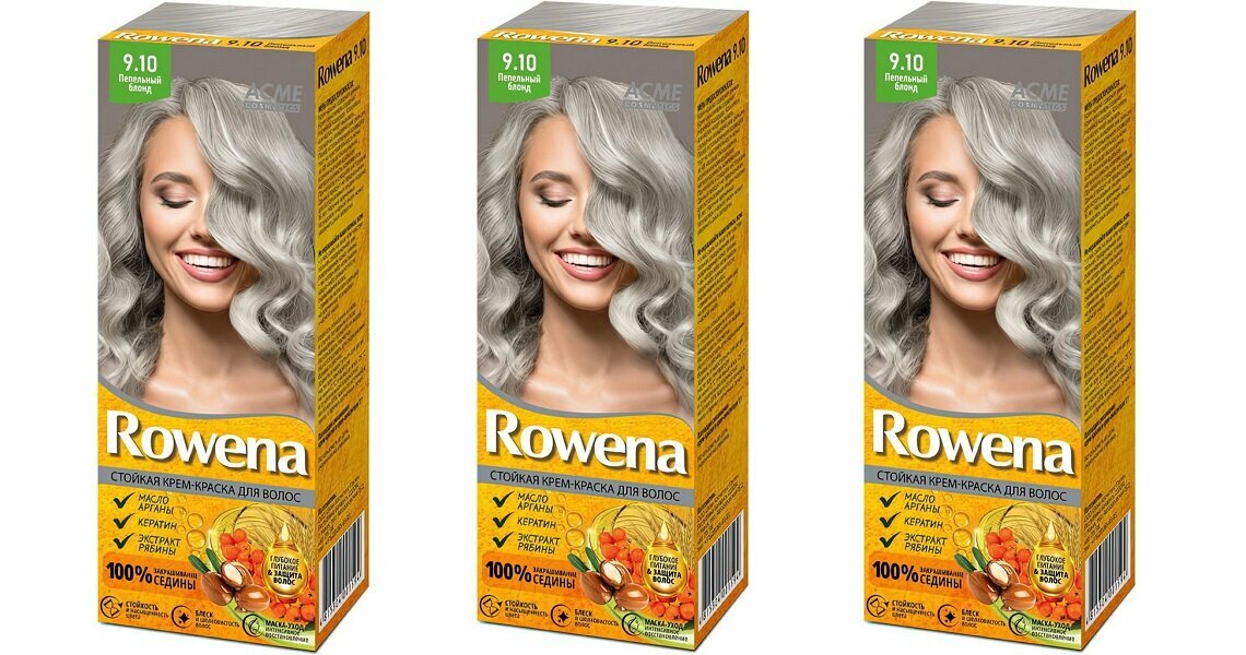 Стойкая крем-краска для волос Rowena, тон 9.10 пепельный блонд, 115 мл, 3 шт.