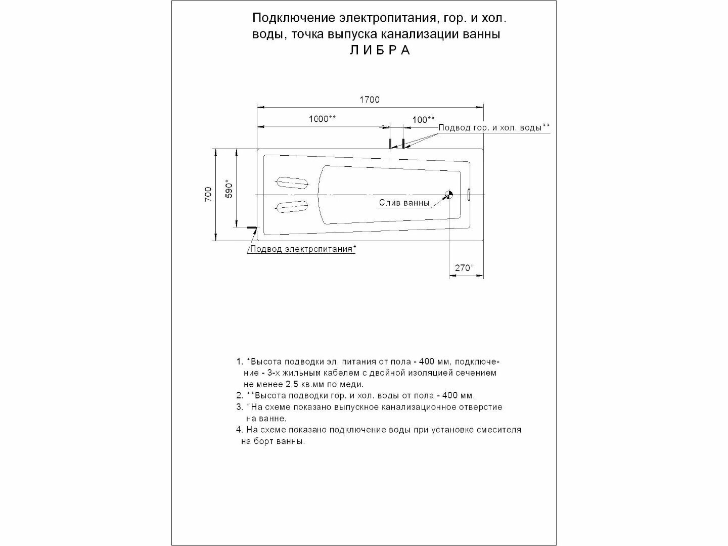 Акриловая ванна Aquatek "Либра" LIB170N-0000049, прямоугольная, белая, 170 x 70 см