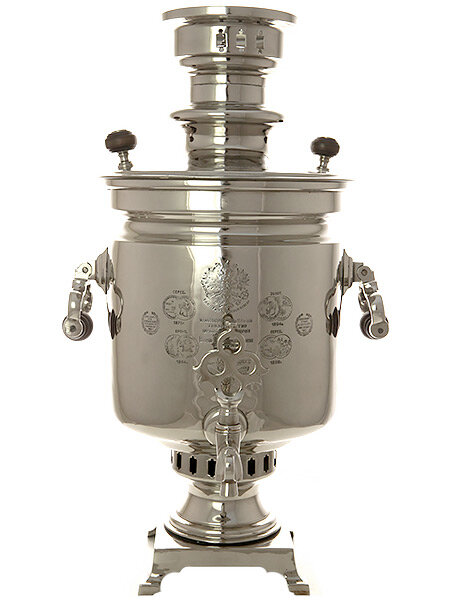 Комбинированный самовар антикварный 6 литров никелированный "цилиндр" с медалями, произведен Торговым Домом наследников И. Г. Баташева в начале XX века, арт. 320542
