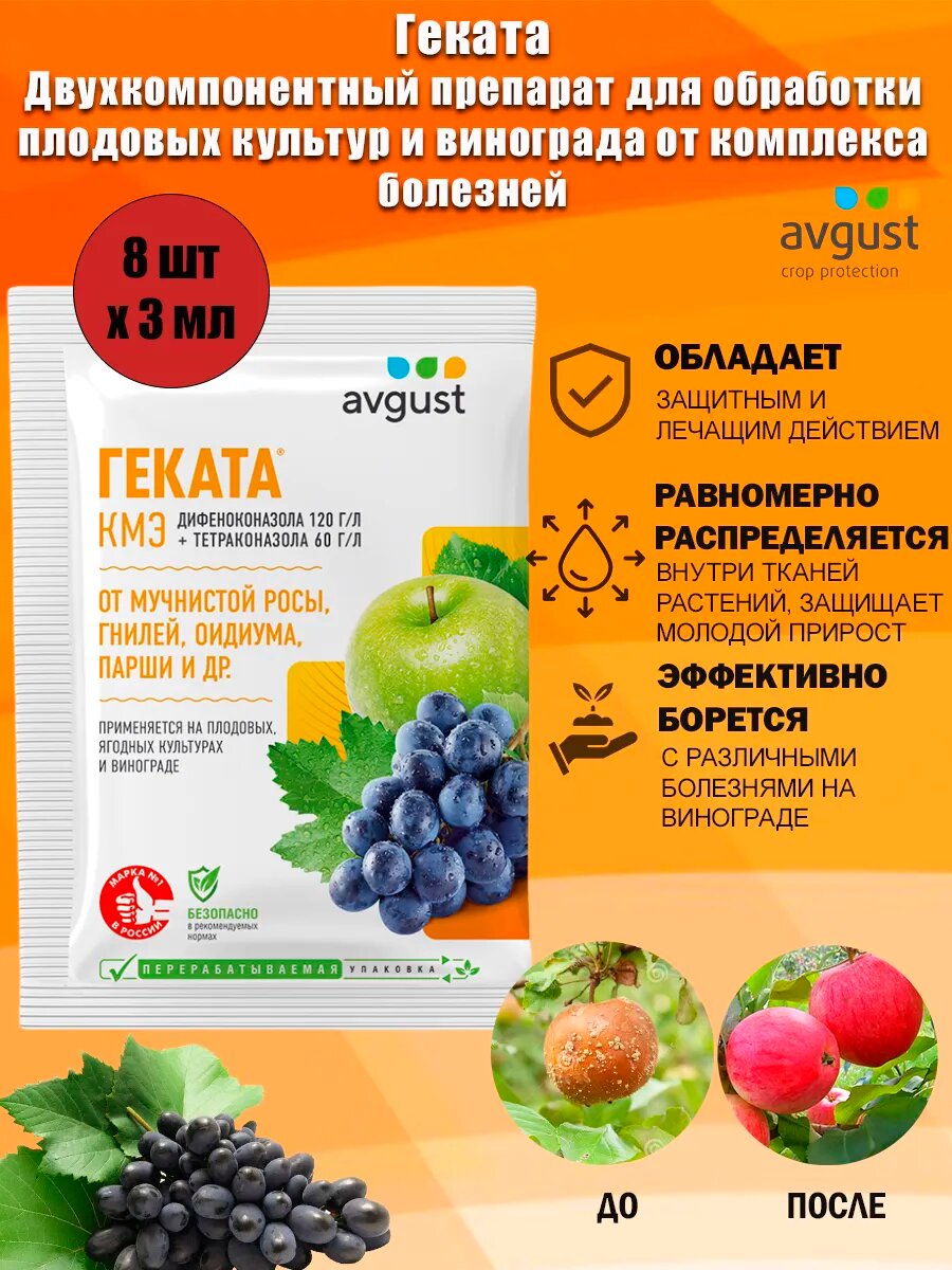 Средство от комплекса болезней для обработки плодовых культур и винограда Геката, 3 мл