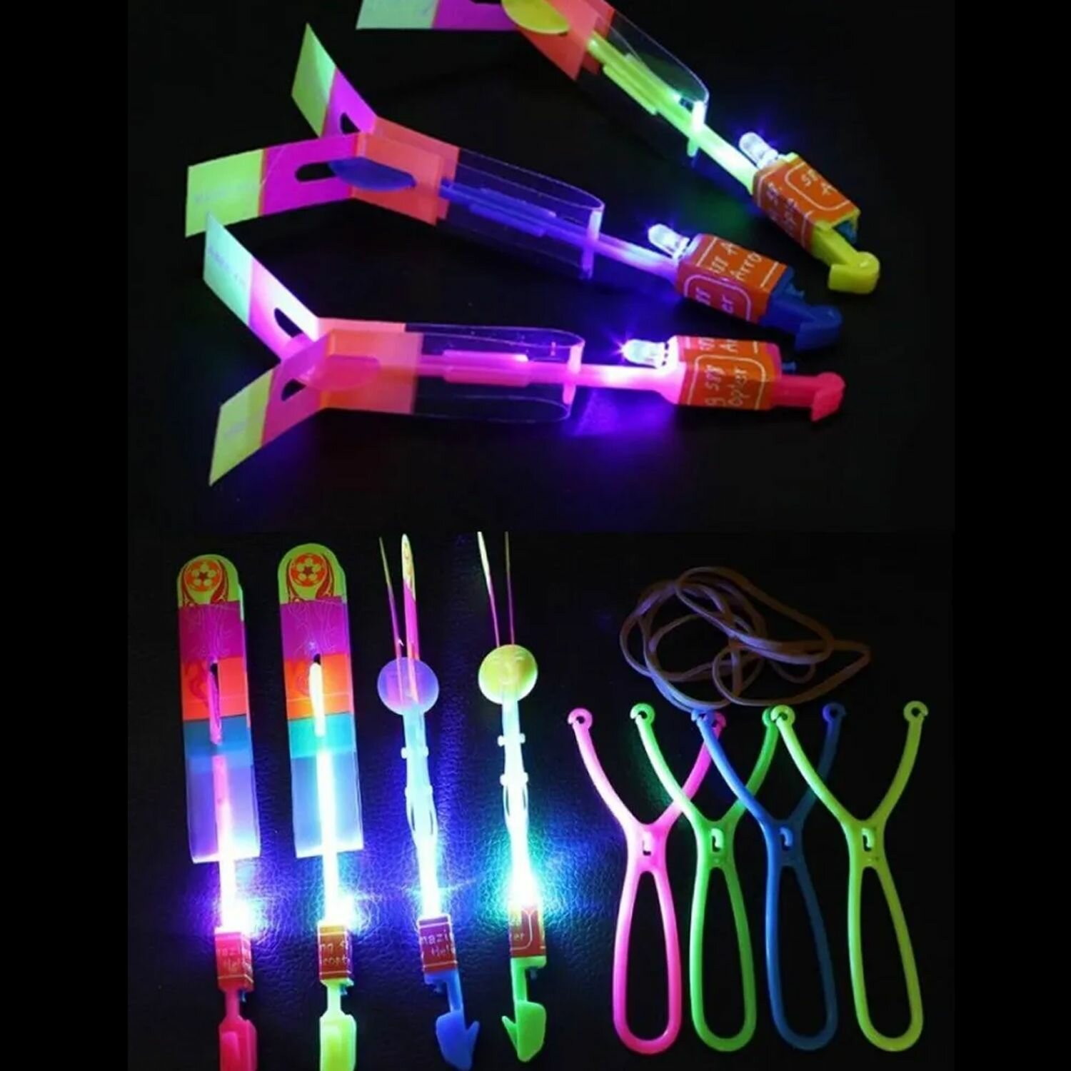 Рогатка вертолет светящийся 4 шт, (разноцветные), детский набор рогаток с светящимися самолетиками и запуском наверх