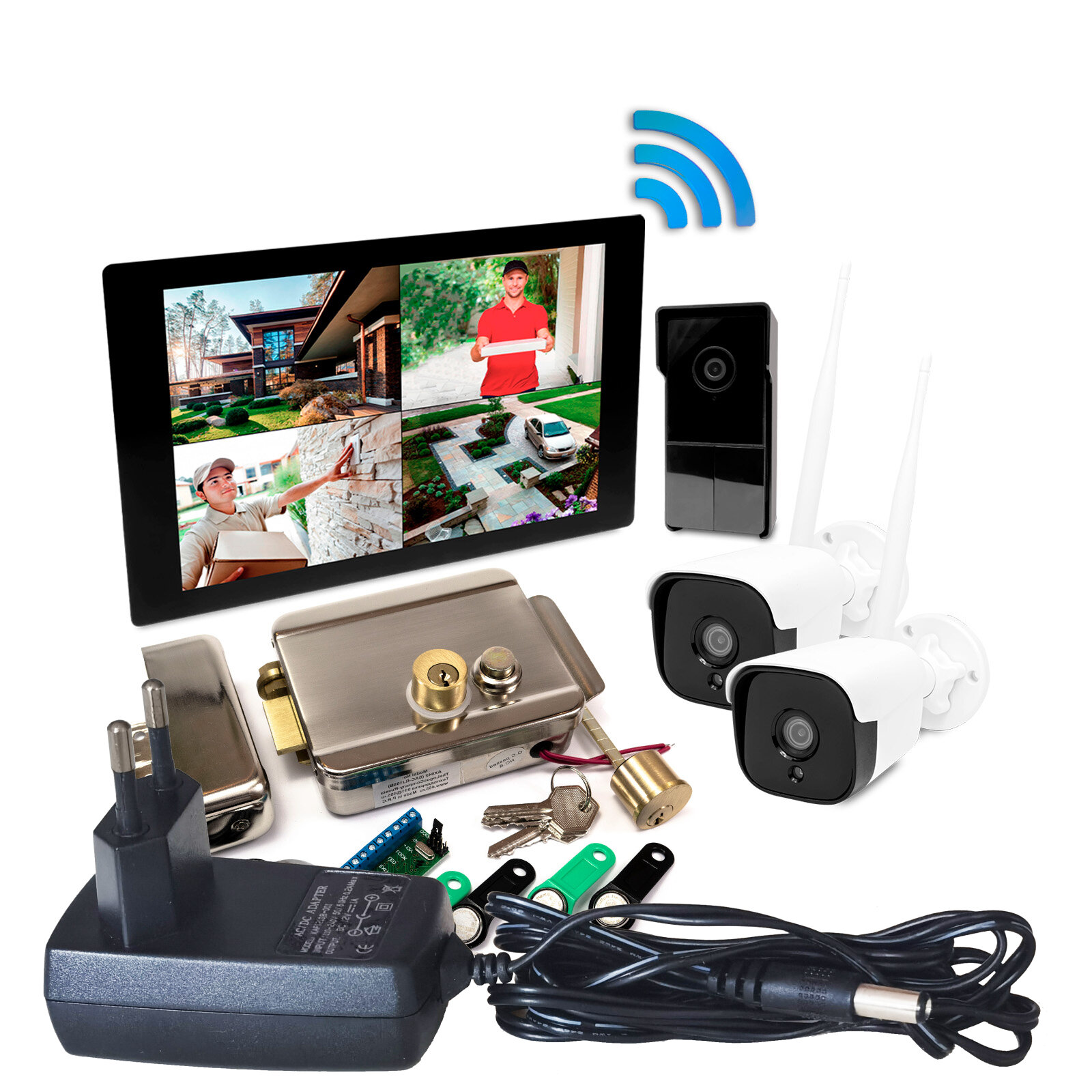 Цветной Wi-Fi домофон TUYA с замком и 2 камерами - Sky Net 1000 (1+2+Zenit) (Y12586YKS): HD экран 10 дюймов, вызывная видеопанель, замок электромеха