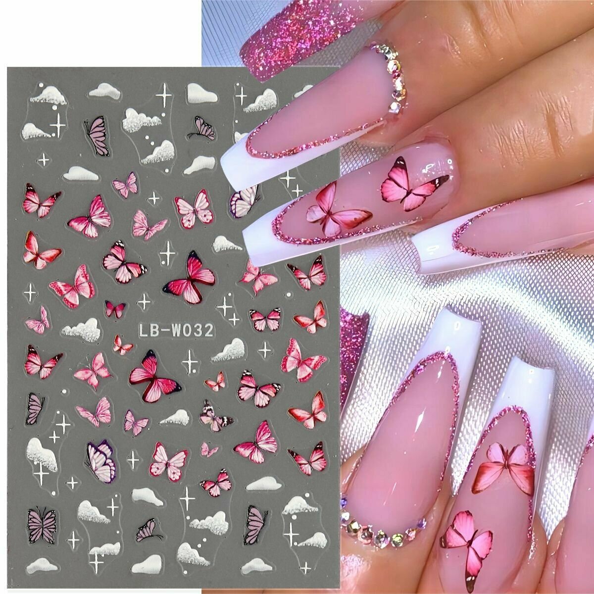 Наклейки для нейл-арта тонкие и прочные, цветные бабочки розовые