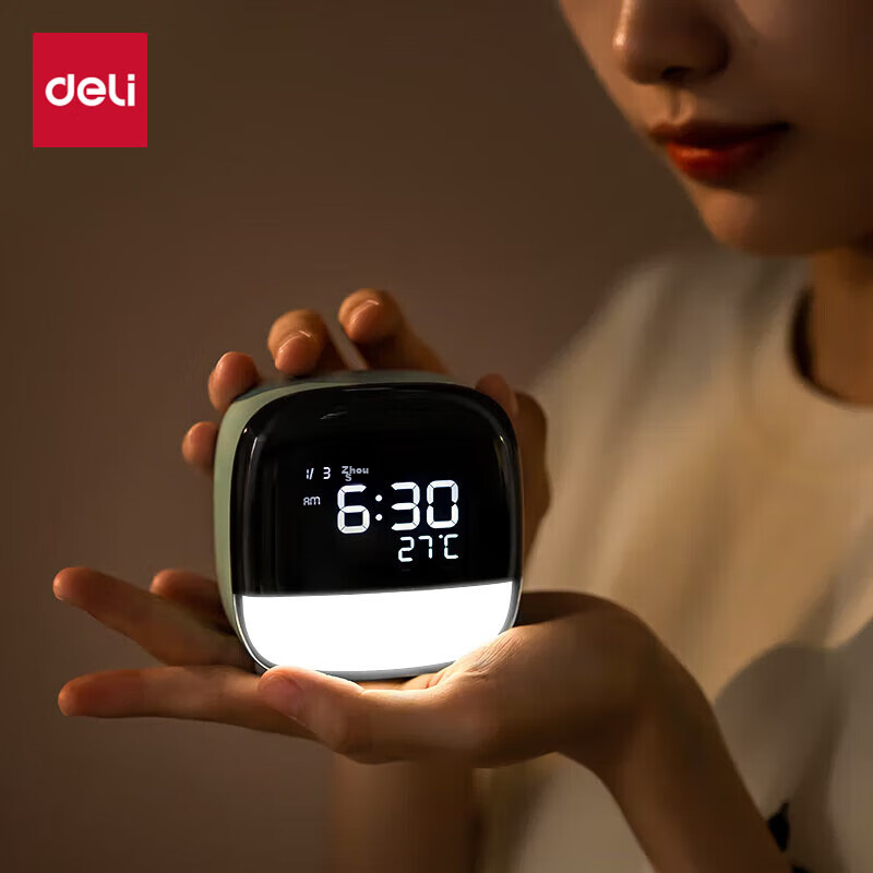Deli Multifunctional LCD Cute Pet Smart Alarm Clock, 1200mAh, Student Night Light Bedside Clock, Children's Bedroom Clock, Time Management Device, Gift, Green, 8852