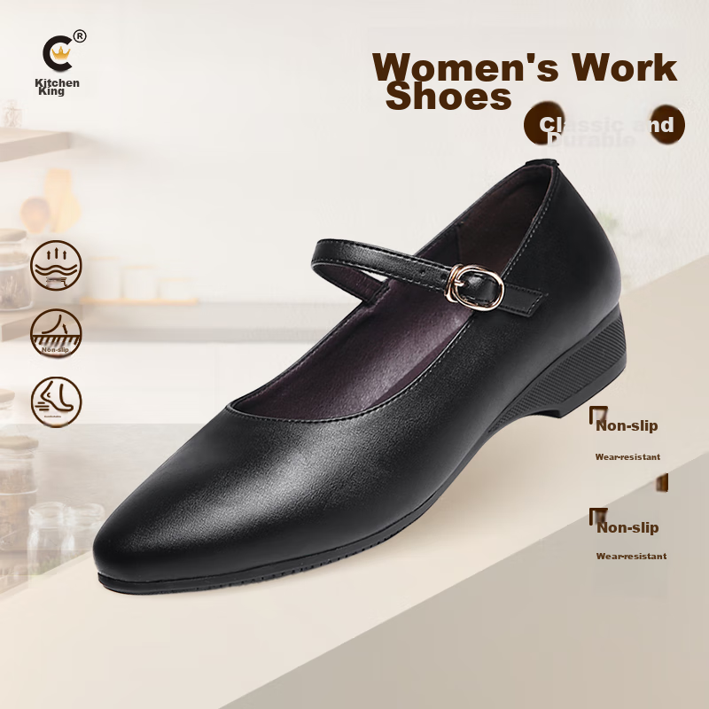 Chuwang Women's Flat Chef Shoes, Waiter Standing Work Shoes, Non-Slip Soft-Soled Kitchen Shoes, 2005 Black, Size 38