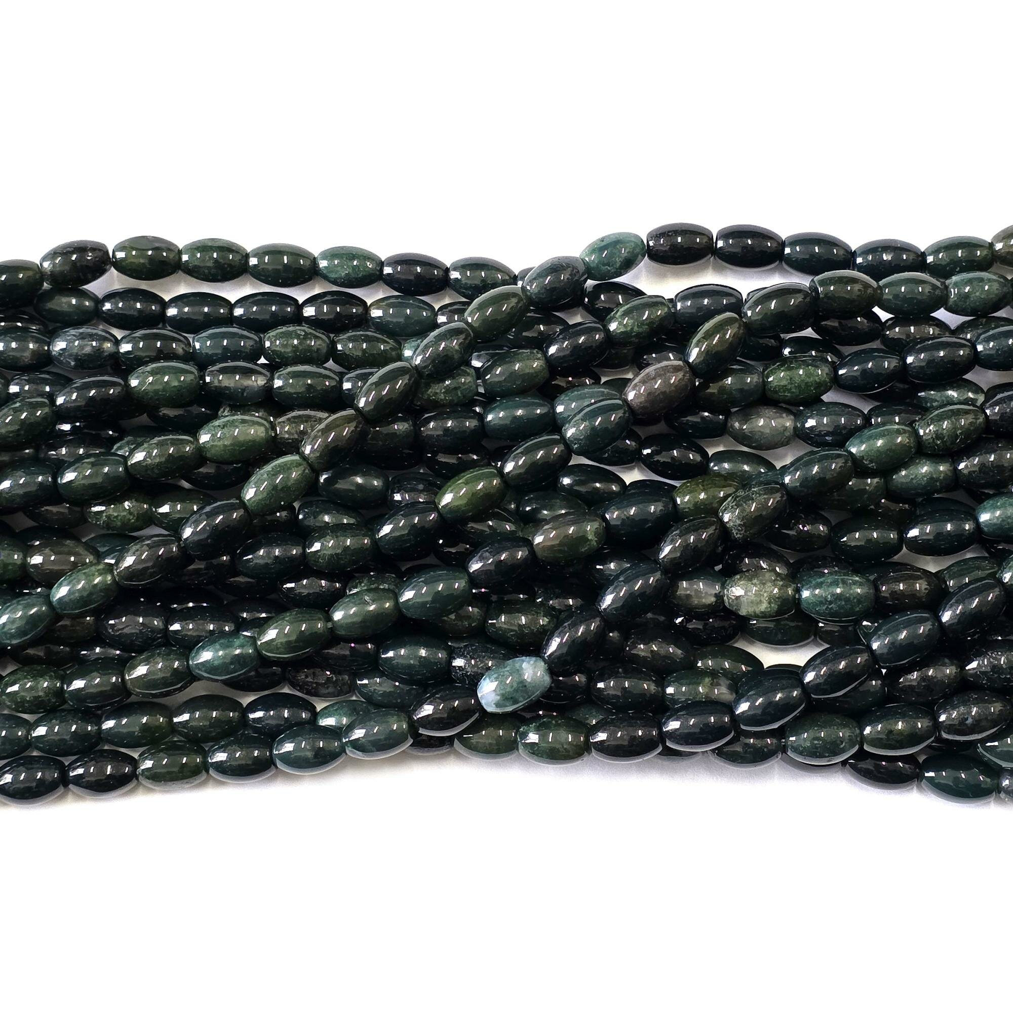 Бусины каменные, агат, моховой зеленый, 12х8мм, овальной формы (рис), 32 шт, низка